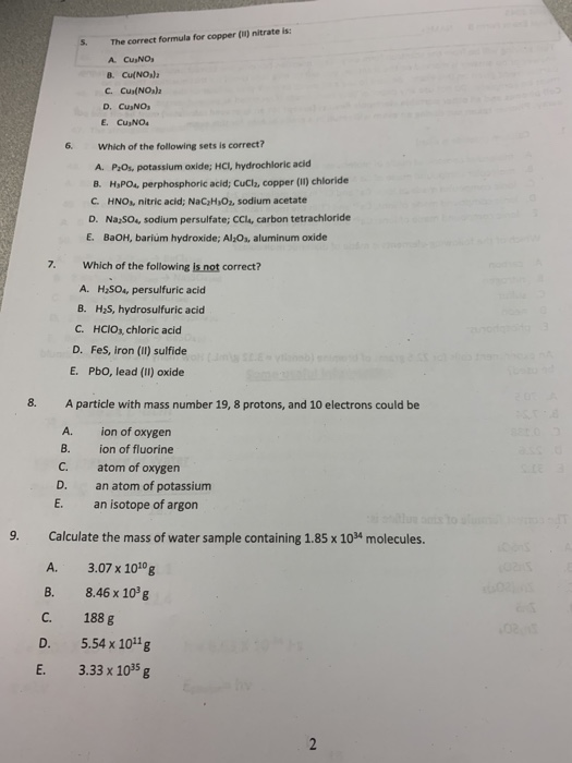 Solved The correct formula for copper (I) nitrate is: A | Chegg.com