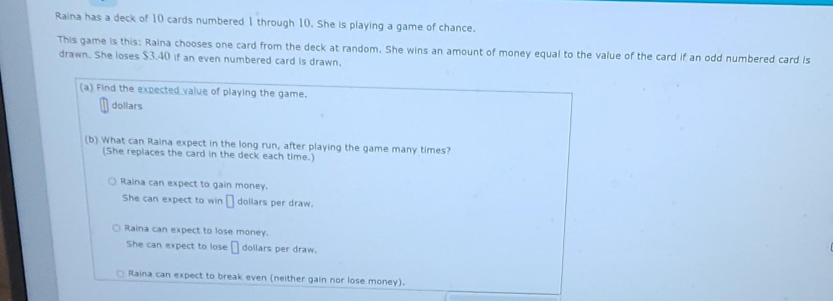 Solved Raina has a deck of 10 cards numbered 1 through 10 . | Chegg.com