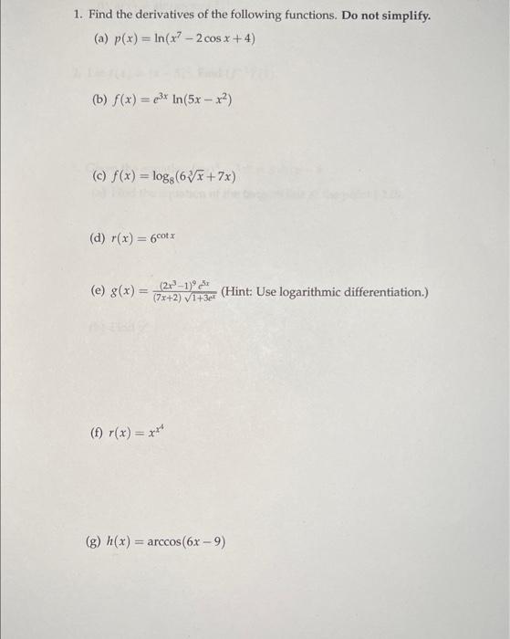 Solved 1. Find the derivatives of the following functions. | Chegg.com