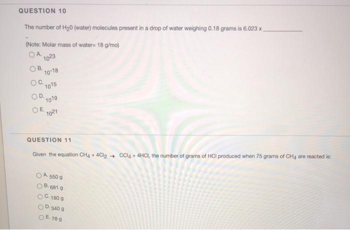 Solved QUESTION 10 The number of H20 (water) molecules | Chegg.com