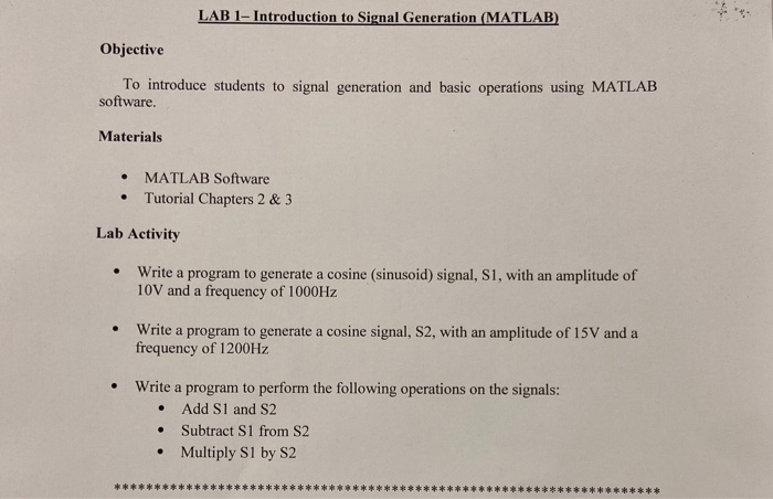 Solved + LAB 1 - Introduction to Signal Generation (MATLAB) | Chegg.com