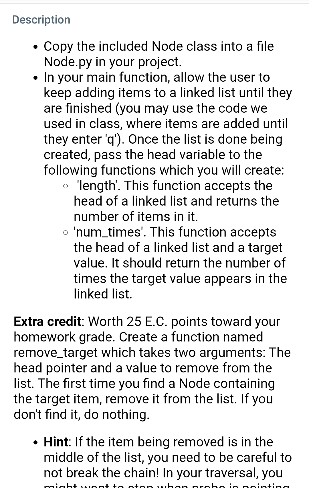 Solved Description . Copy the included Node class into a | Chegg.com