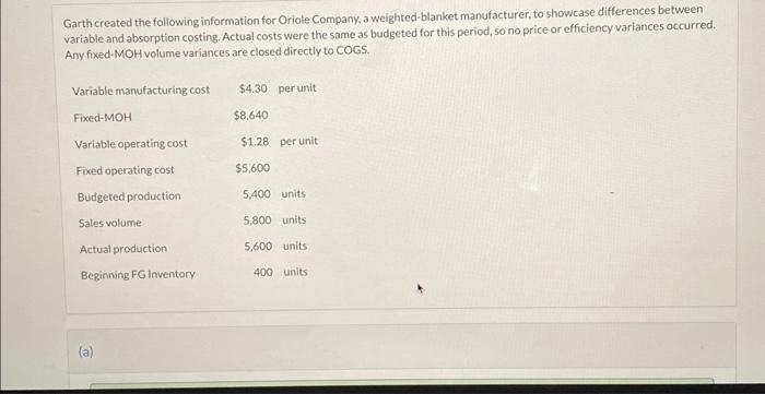 Solved Garth created the following information for Oriole | Chegg.com