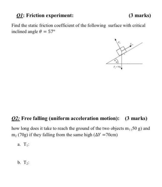 Solved 01: Friction experiment: (3 marks) Find the static | Chegg.com