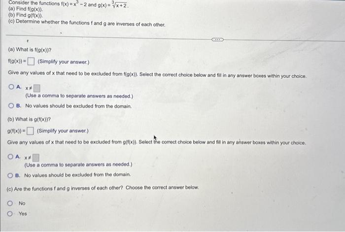 Solved Consider the functions f(x)=x3−2 and g(x)=3x+2. (a) | Chegg.com