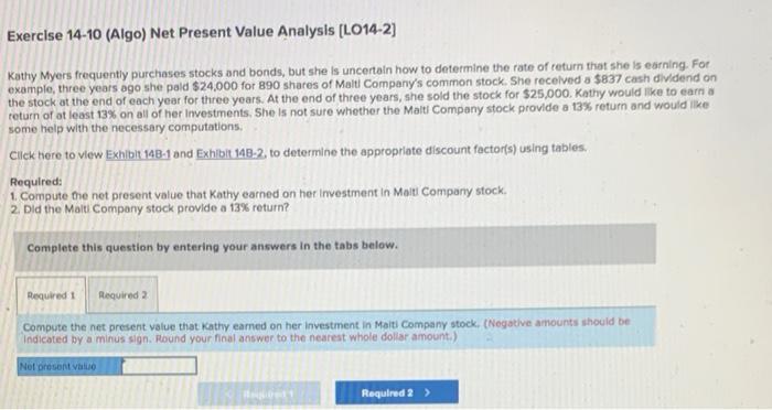 Solved Exercise 14-10 (Algo) Net Present Value Analysis | Chegg.com