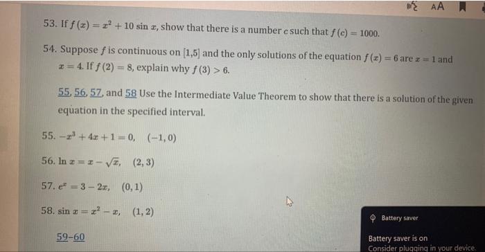 Solved 53. If f(x)=x2+10sinx, show that there is a number c | Chegg.com