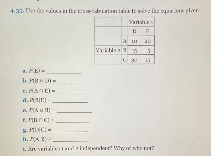 Solved 4.35. Use the values in the cross-tabulation table to | Chegg.com
