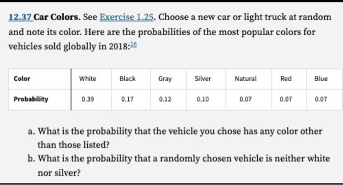 Solved 12.37 Car Colors. See Exercise 1.25. Choose a new car | Chegg.com