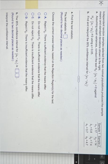 Solved Independent random samples selected from two normal | Chegg.com