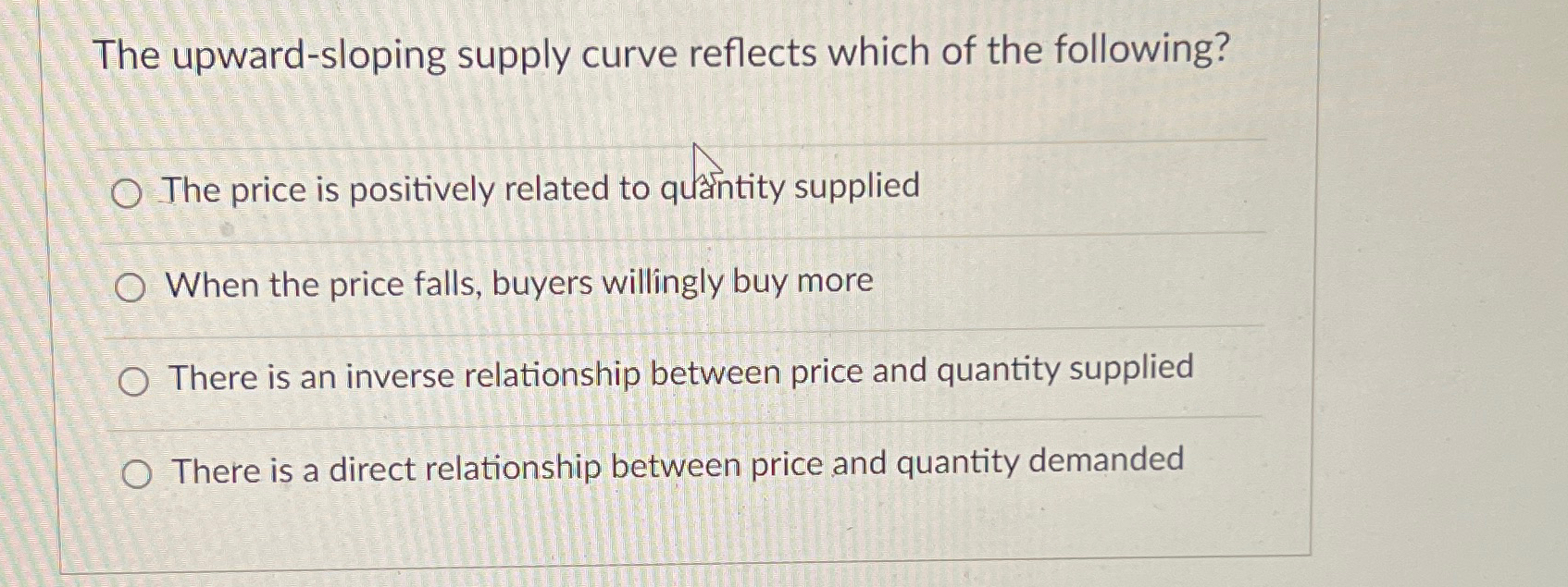 Solved The upward-sloping supply curve reflects which of the | Chegg.com