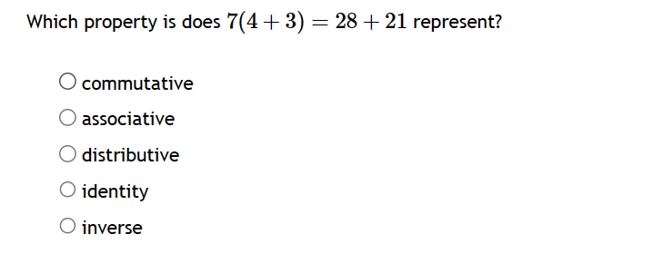 Solved Which property is does 7(4+3)=28+21 | Chegg.com