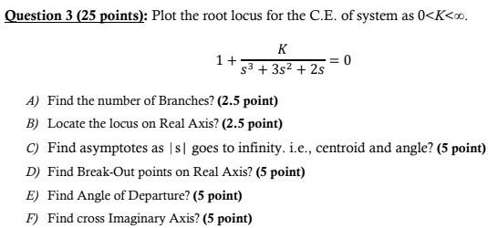 Solved Question 3 (25 points): Plot the root locus for the | Chegg.com