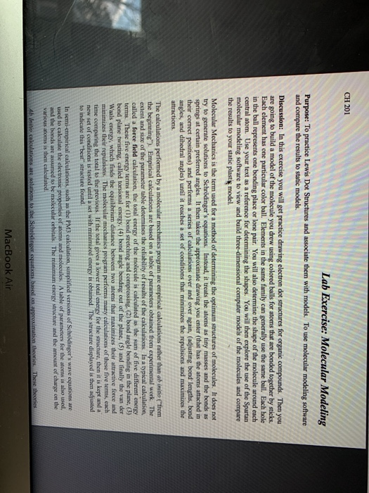 CH 201 Lab Exercise: Molecular Modeling Purpose: To | Chegg.com