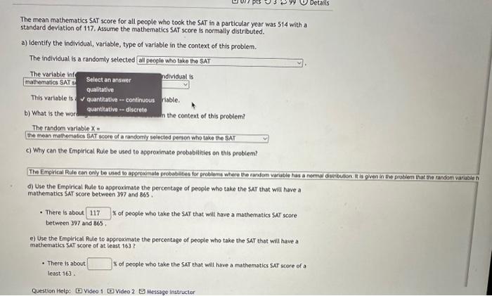 Solved The mean mathematics SAT score for a standard | Chegg.com