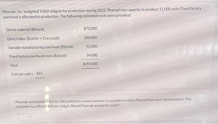 Solved Pharoah, Inc. budgeted 9,000 widgets for production | Chegg.com