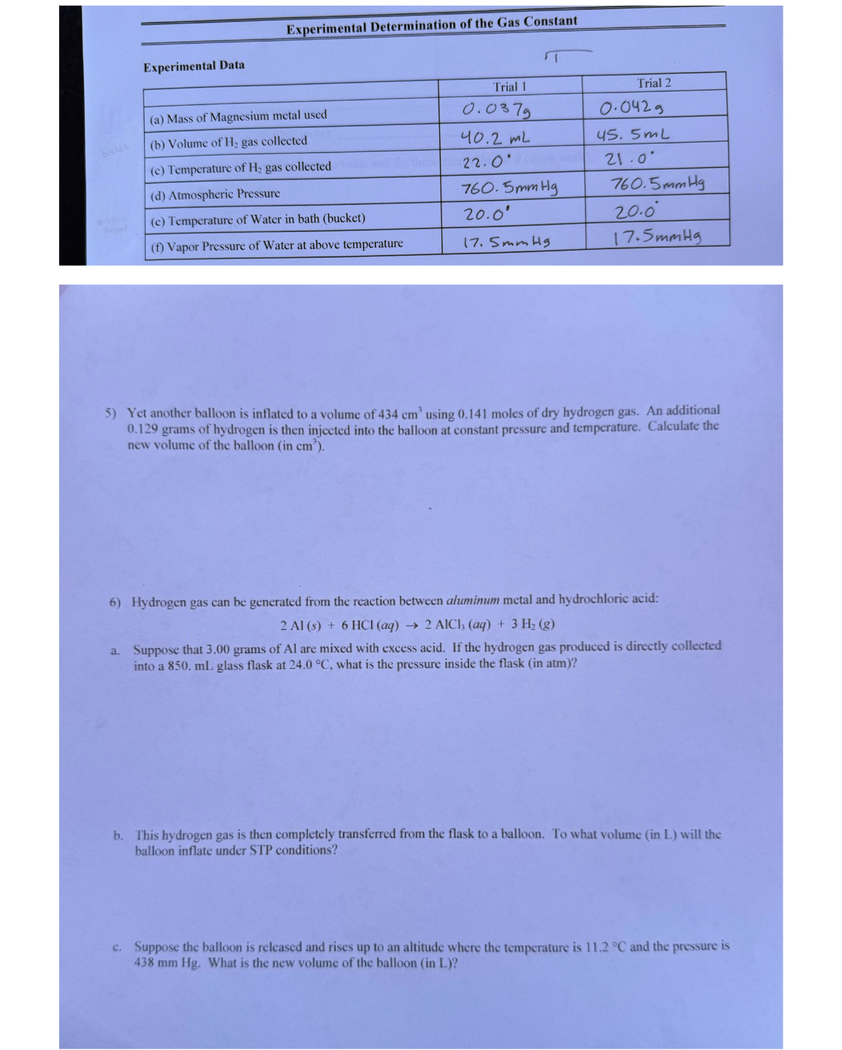 Solved Experimental Determination of the Gas | Chegg.com