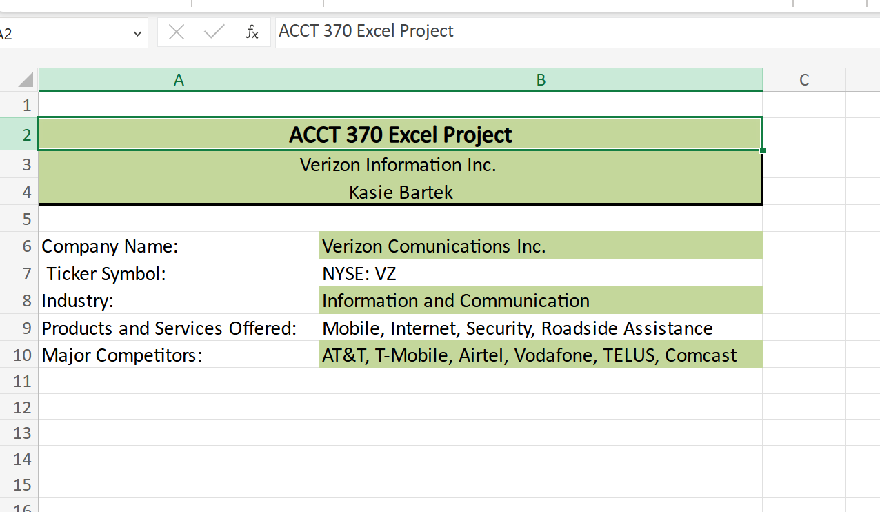 Solved ACCT 370 ﻿Excel Project Verizon SpreadsheetIf you go | Chegg.com