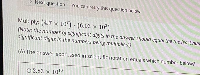 Solved Next question You can retry this question | Chegg.com