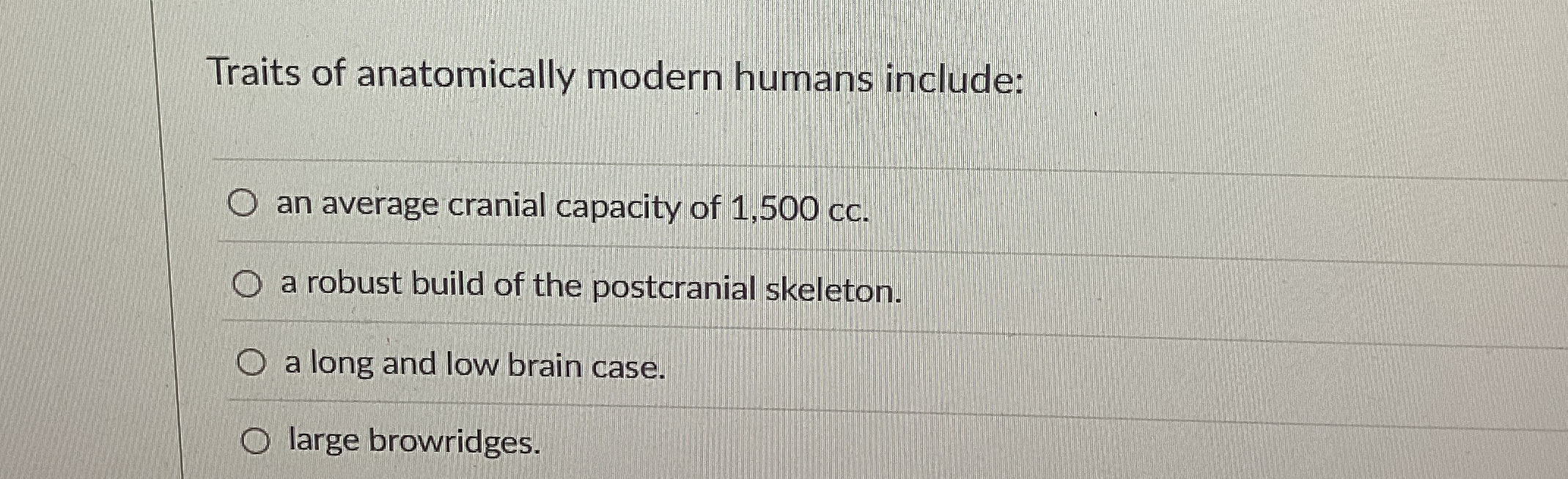 Solved Traits of anatomically modern humans include:an | Chegg.com