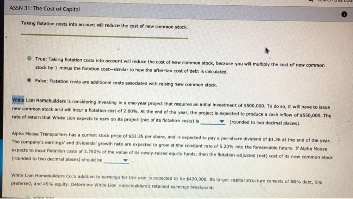 Solved ASSN 31: The Cost of Capital Taking Motation costs | Chegg.com