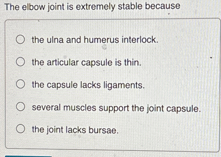 Solved The elbow joint is extremely stable becausethe ulna | Chegg.com