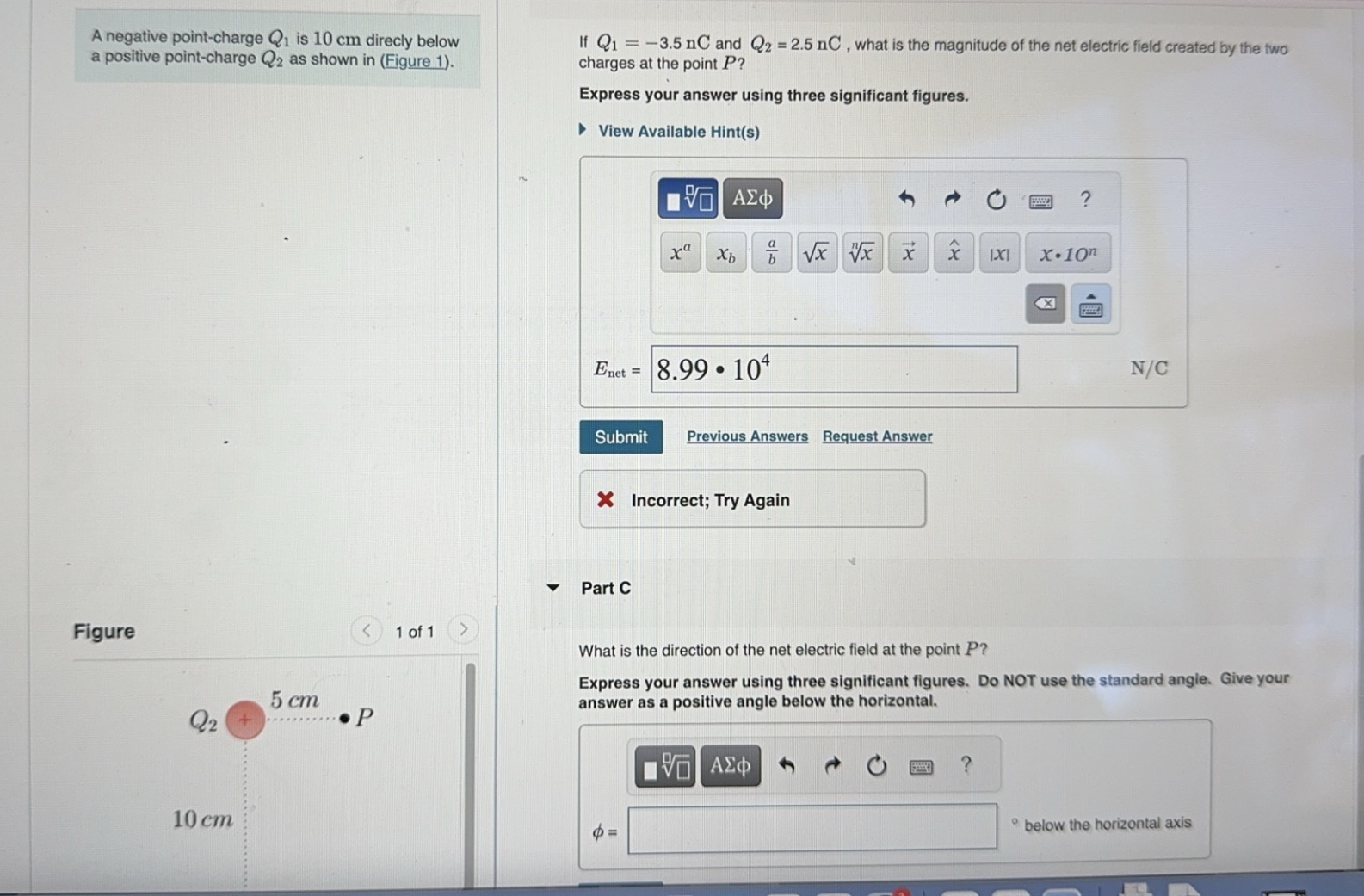 Solved A negative point-charge Q1 ﻿is 10cm ﻿direcly belowa | Chegg.com