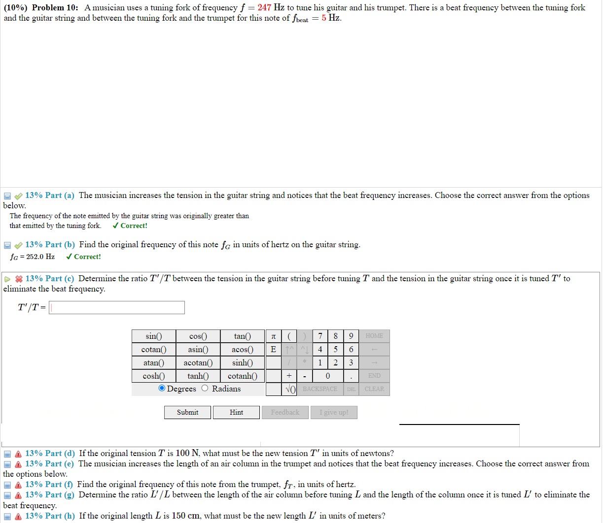 Solved (10%) ﻿Problem 10: A musician uses a tuning fork of | Chegg.com