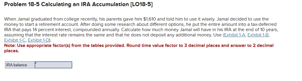 Solved Problem 18-5 ﻿Calculating an IRA Accumulation | Chegg.com
