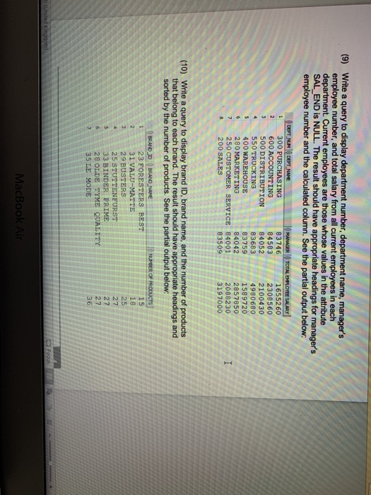 Solved (9) Write a query to display department number, | Chegg.com
