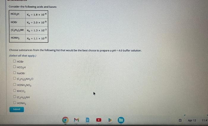 Solved Consider the following acids and bases: Choose | Chegg.com