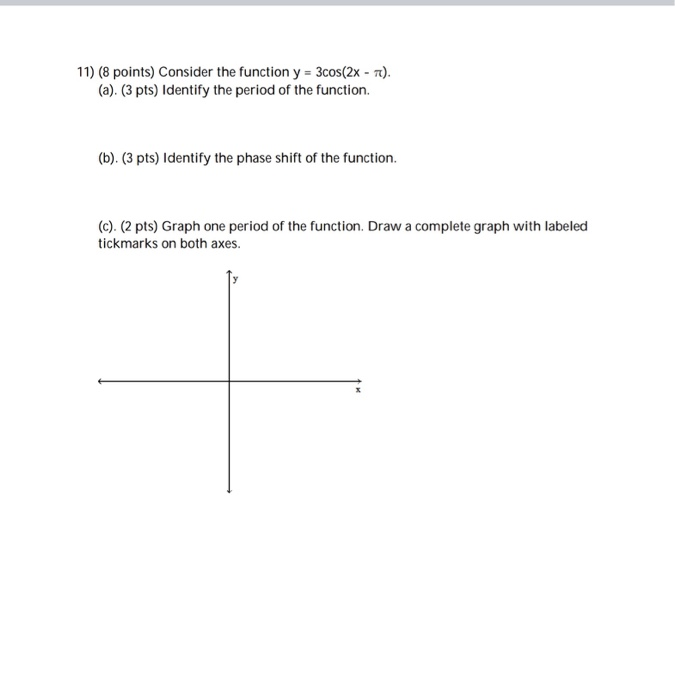 Solved 11) (8 points) Consider the function y = 3cos(2x - | Chegg.com
