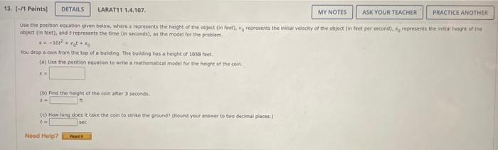 Solved object (in feeti, and t represents the time (in | Chegg.com