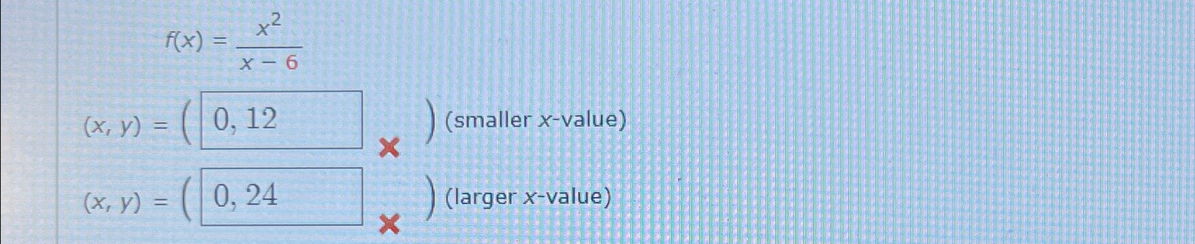 Solved f(x)=x2x-6 ﻿smaller x-value) ﻿(larger x-value) | Chegg.com