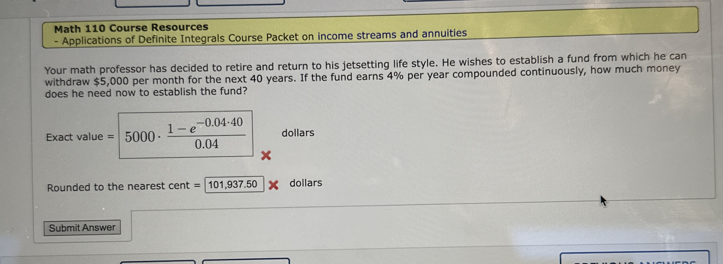Solved Math 110 ﻿Course ResourcesApplications of Definite | Chegg.com