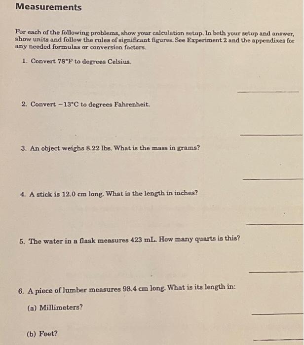 Solved Measurements For each of the following problems, show | Chegg.com