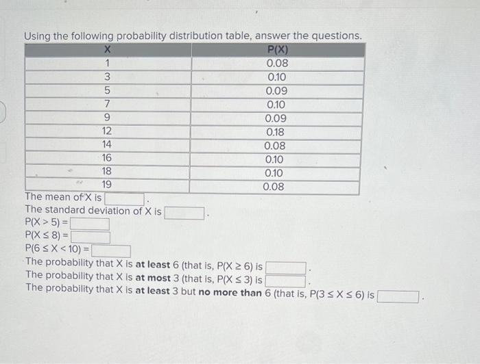 Solved Using the following probability distribution table, | Chegg.com