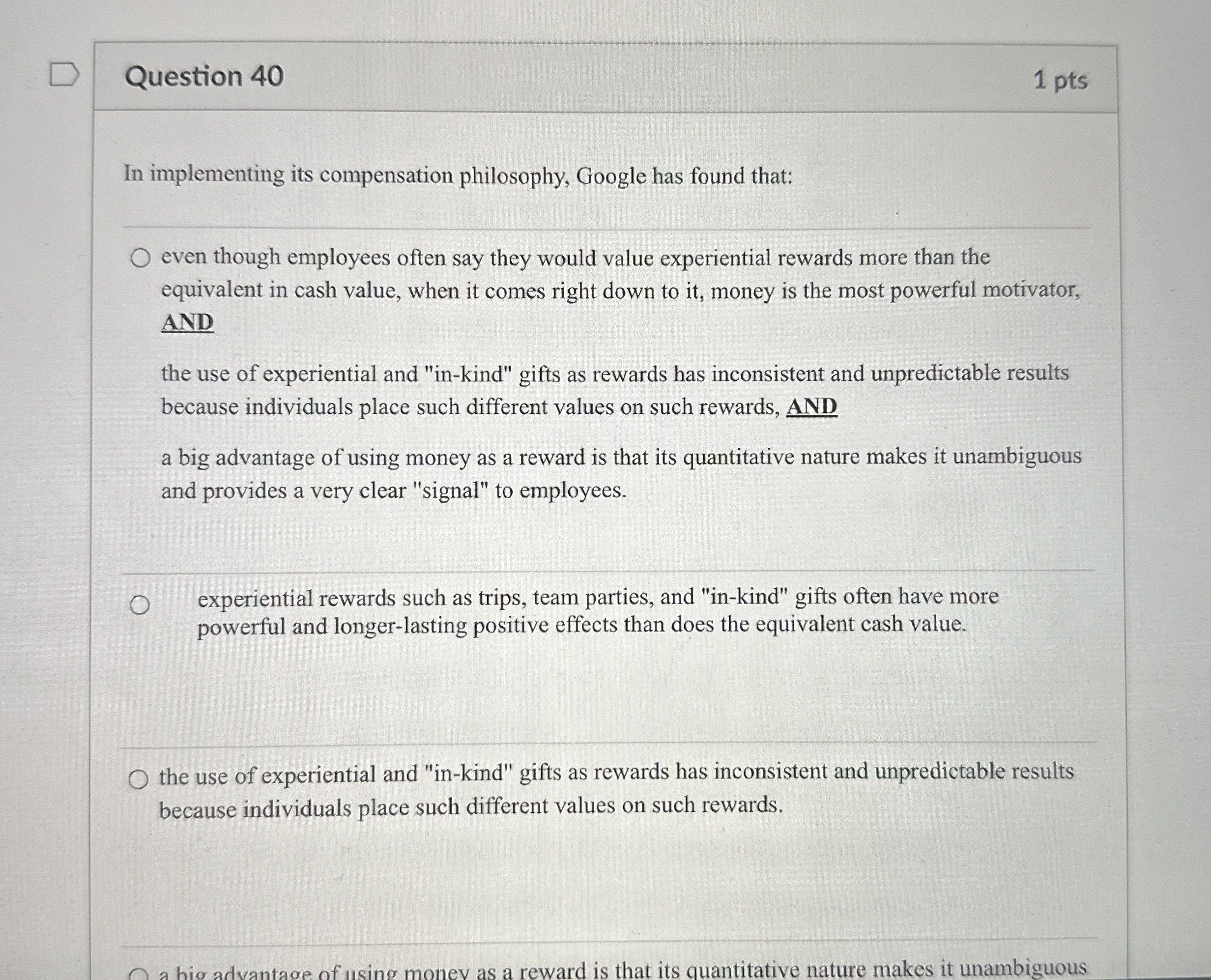 Solved Question 401 ﻿ptsIn implementing its compensation | Chegg.com
