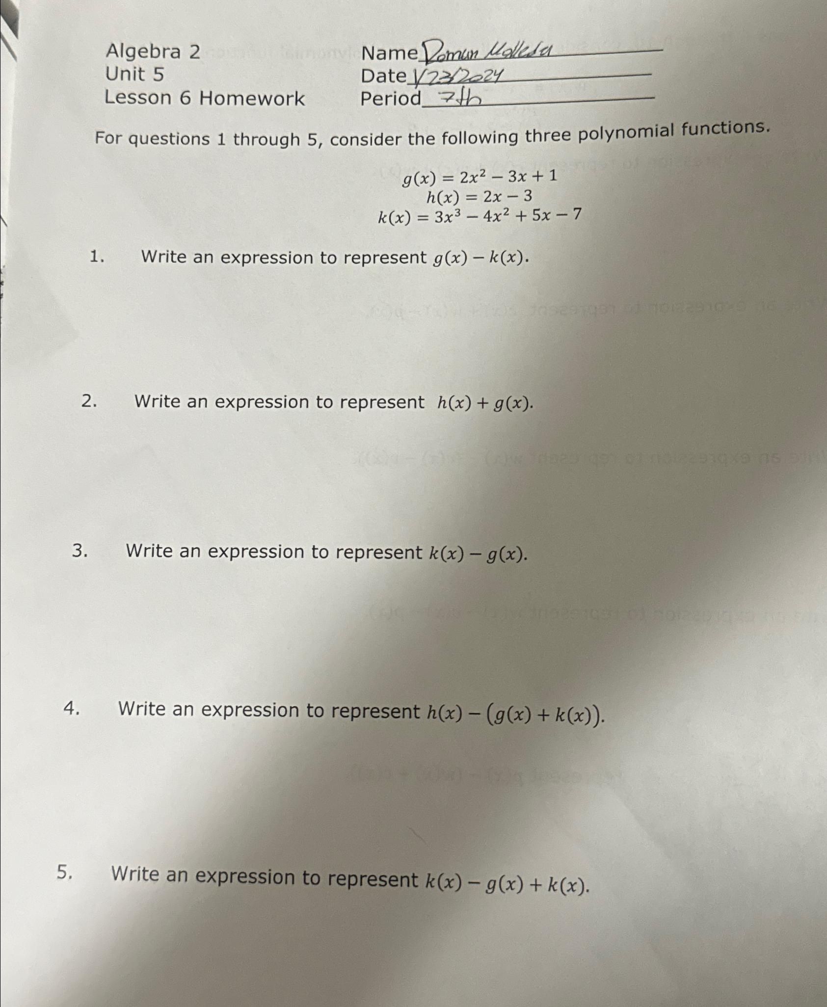 Solved Algebra 2\\nUnit 5\\nFor questions 1 through 5, | Chegg.com
