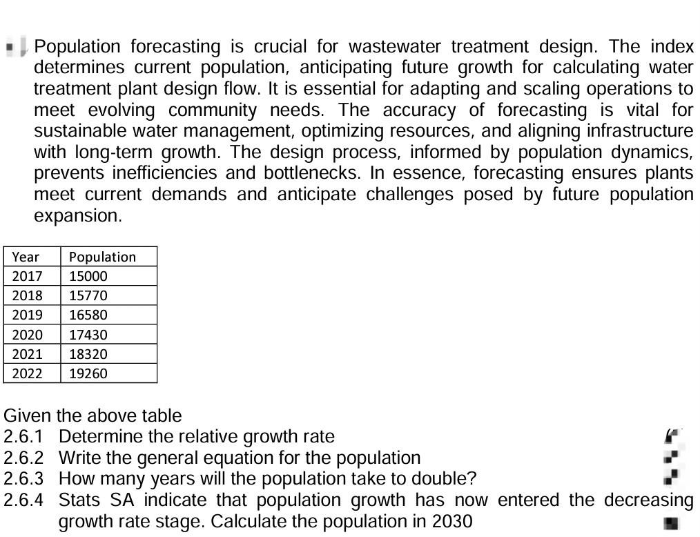 Solved Population forecasting is crucial for wastewater | Chegg.com