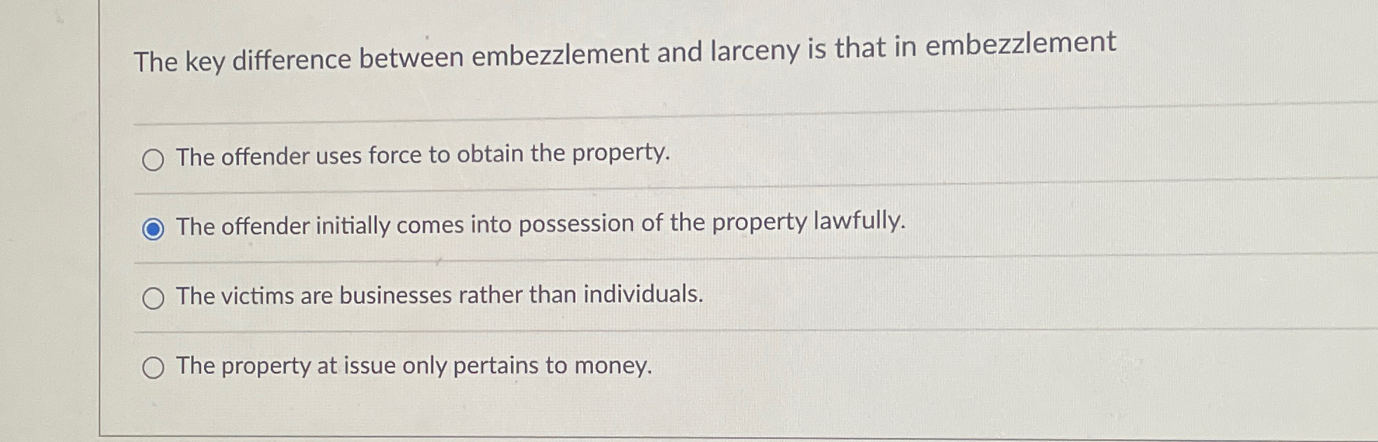 Solved The key difference between embezzlement and larceny | Chegg.com