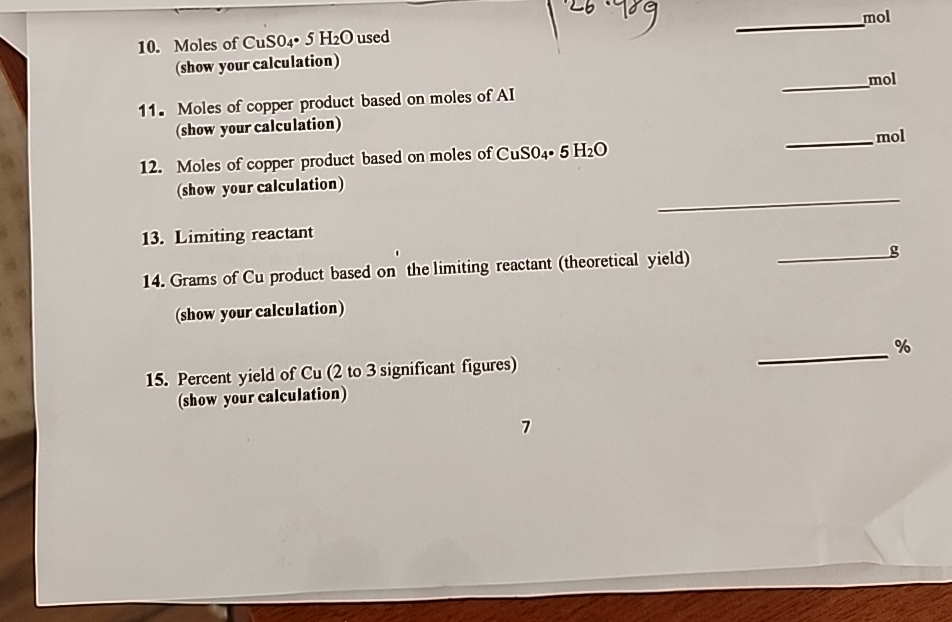 Solved Moles of CuSO4*5H2O ﻿used (show your | Chegg.com