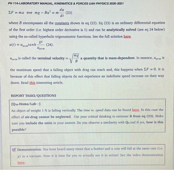 PH 114-LABORATORY MANUAL, KINEMATICS \& FORCES UAH | Chegg.com