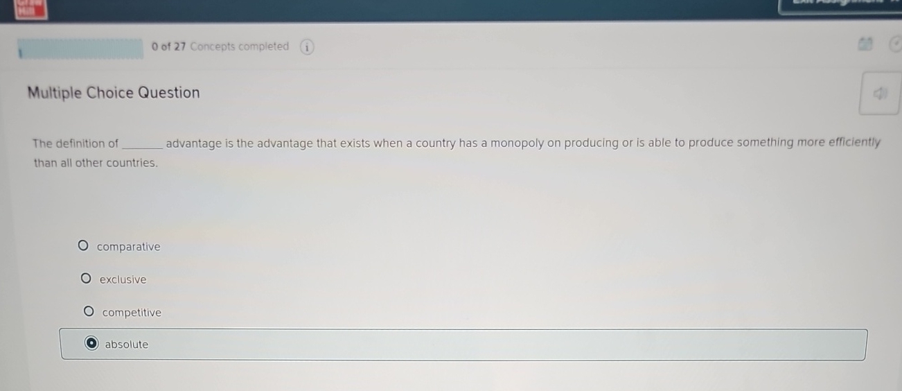 Solved 0 ﻿of 27 ﻿Concepts completed(i)Multiple Choice | Chegg.com