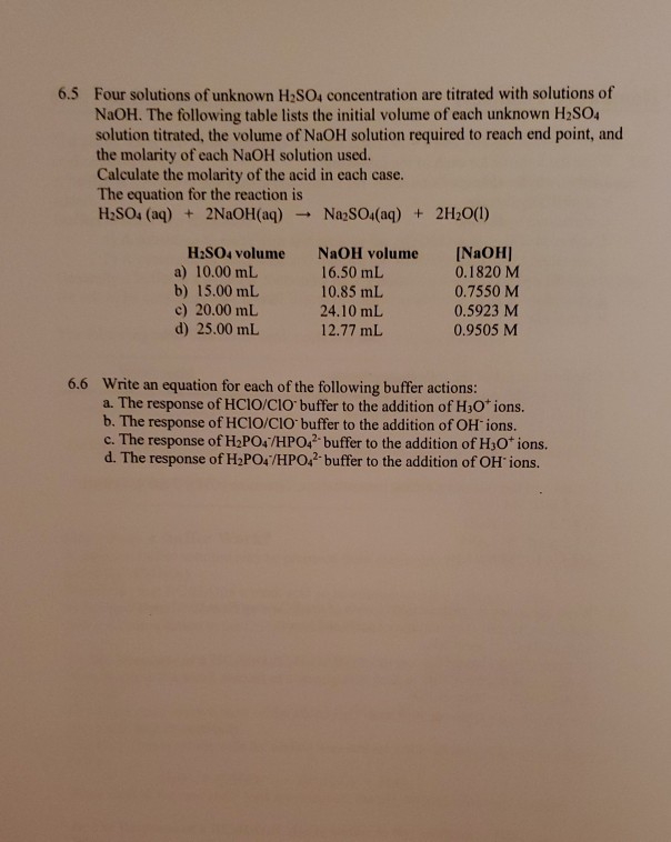 Solved 6.5 Four solutions of unknown H2SO4 concentration are | Chegg.com