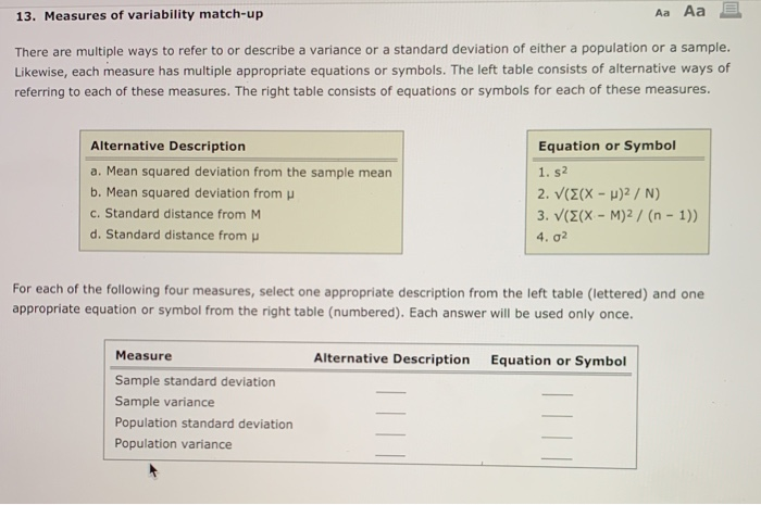 Solved 13. Measures of variability match-up Aa Aa E There | Chegg.com