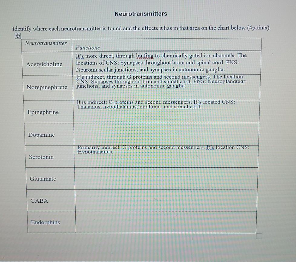 Neurotransmitters And Their Functions Chart