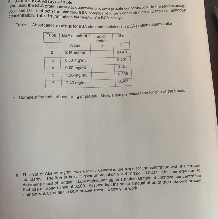 Solved 5. Assay) - 12 pts You used the BCA protein assay to | Chegg.com