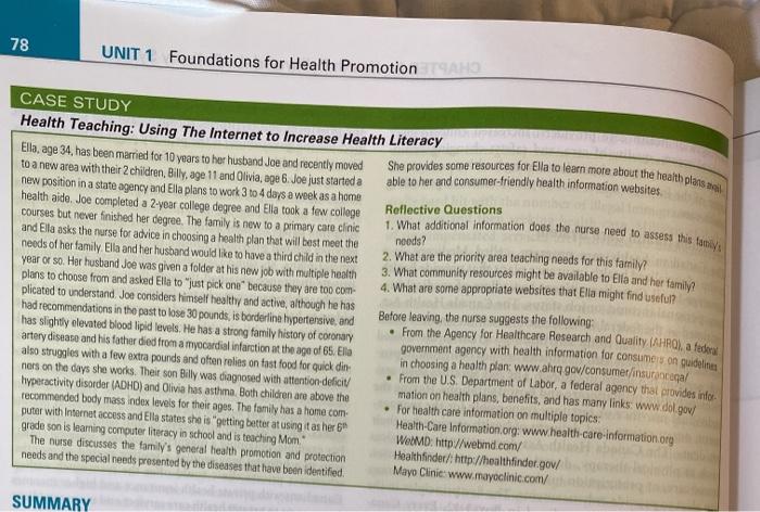 Solved 78 UNIT 1 Foundations for Health Promotion CASE STUDY | Chegg.com