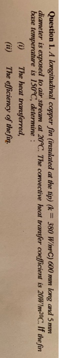 Solved Question 1. A longitudinal copper fin (insulated at | Chegg.com